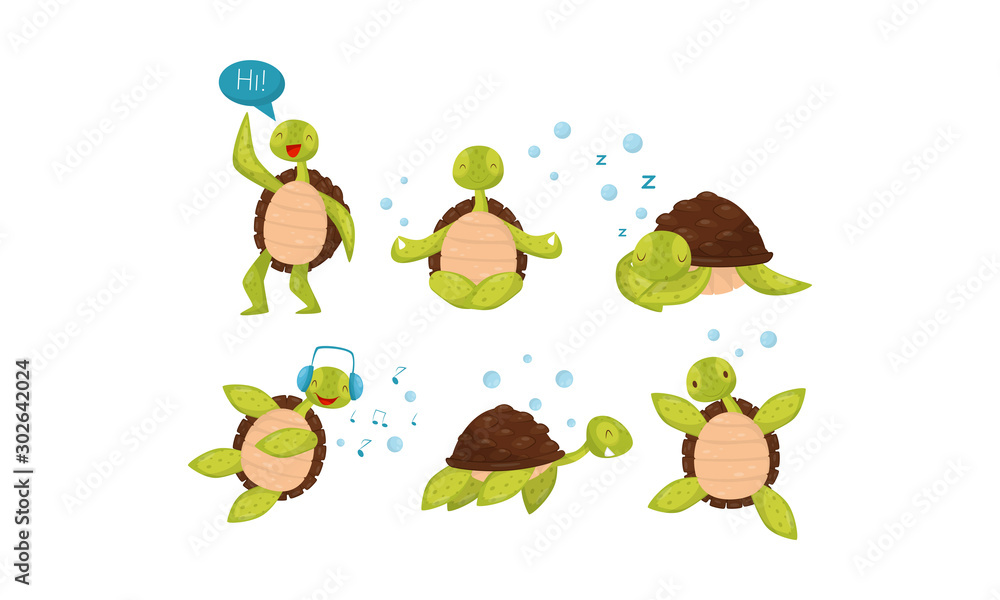 Set With Cute Baby Turtles In Different Active Poses Vector ...
