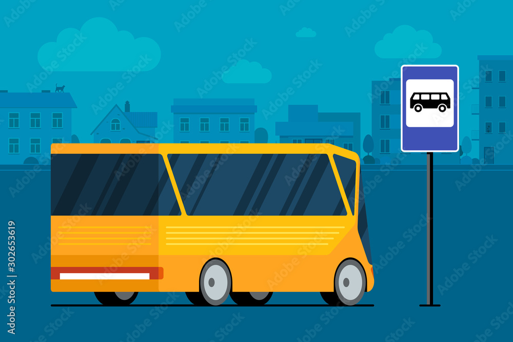 Yellow modern city bus on cityscape road near bus stop station sign ...