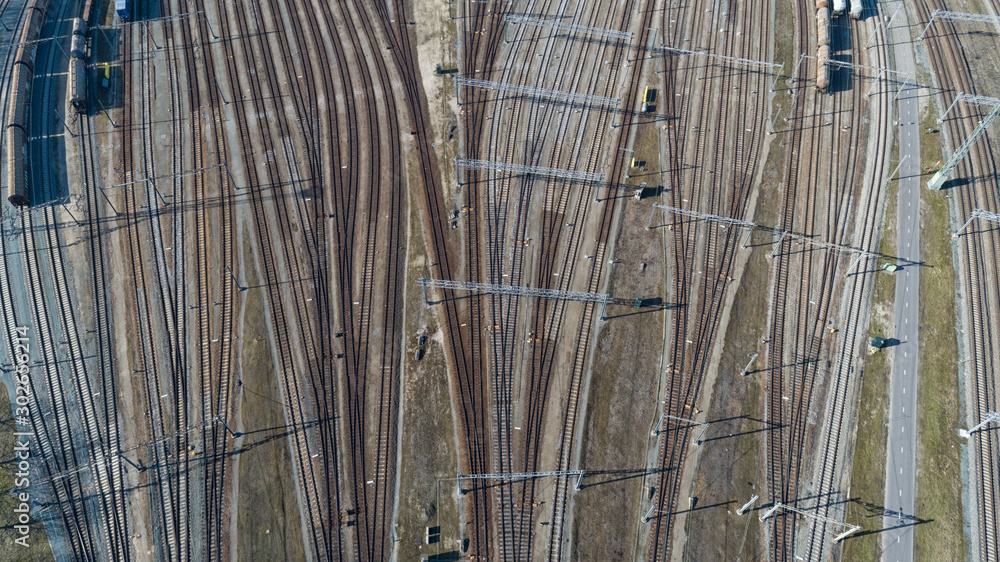 Cargo trains close-up. Aerial view of colorful freight trains on the ...