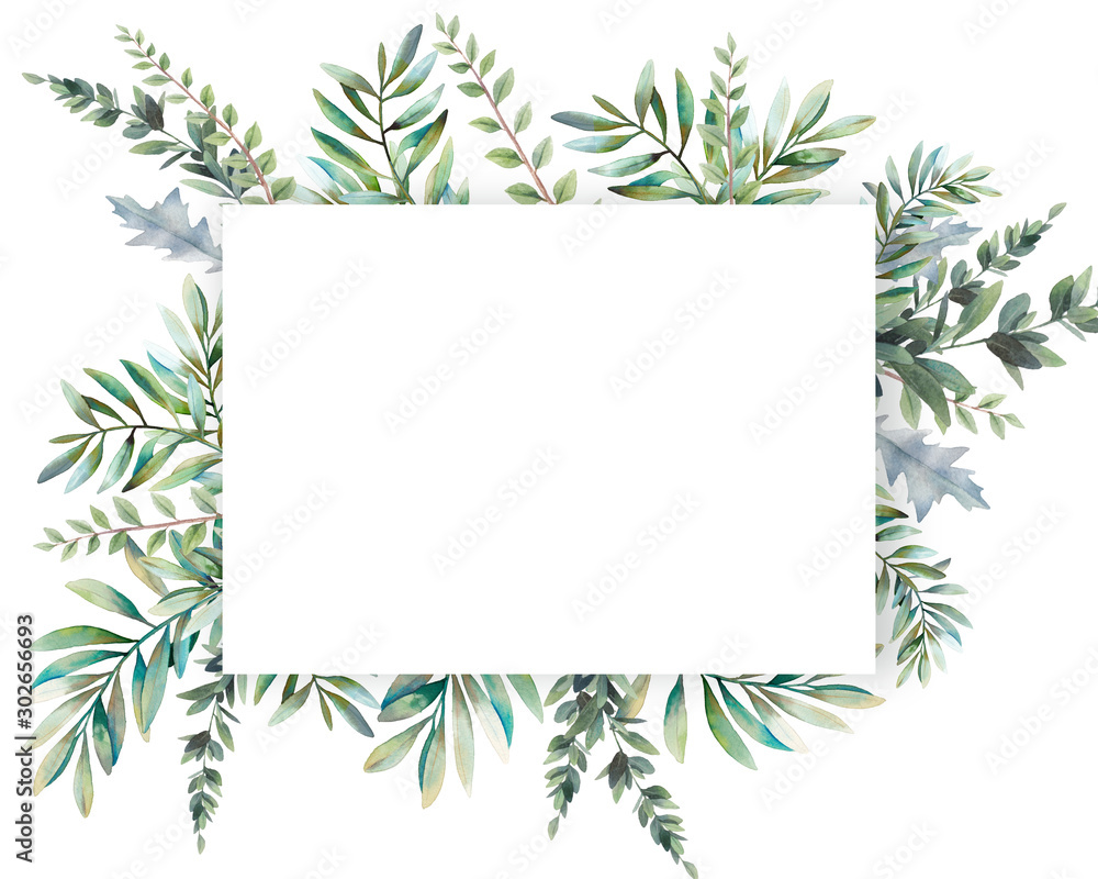 Watercolor greenery card design. Hand painted floral template: plants ...