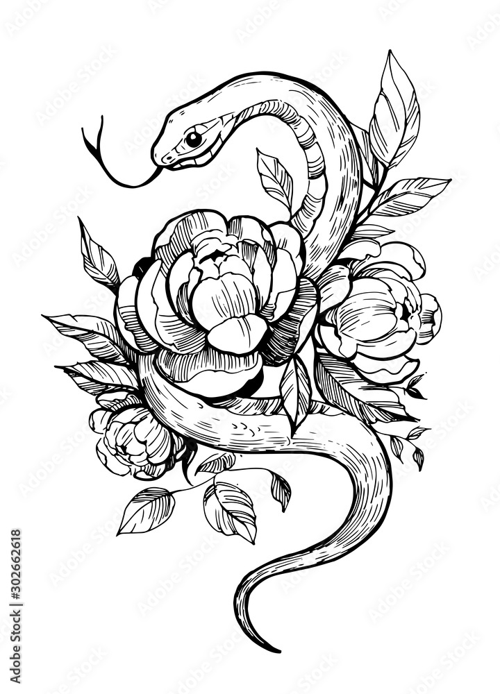 Snake with flowers. Hand drawn illustration converted to vector. Great ...