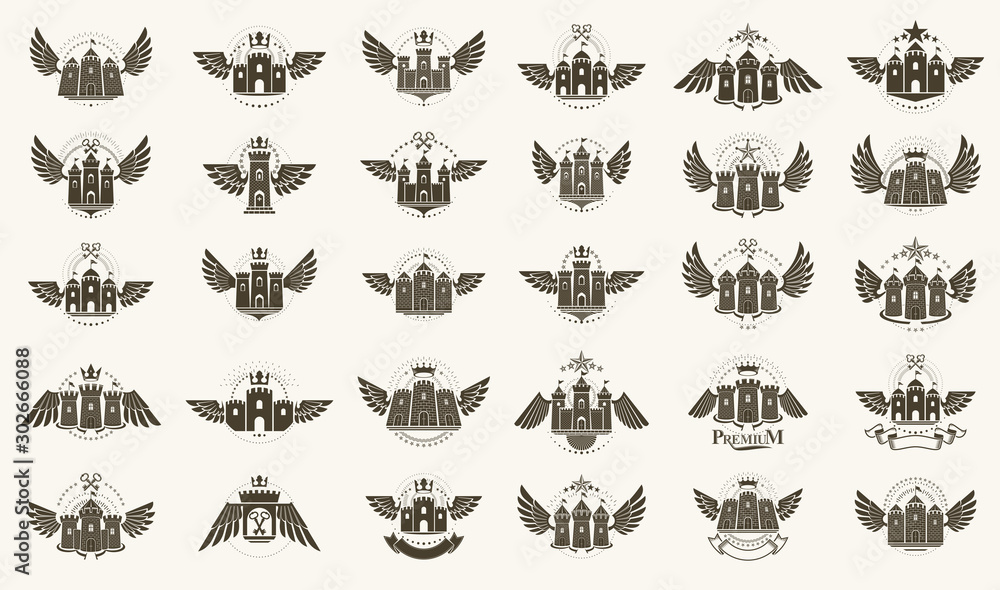 Vintage castles vector logos or emblems, heraldic design elements big ...