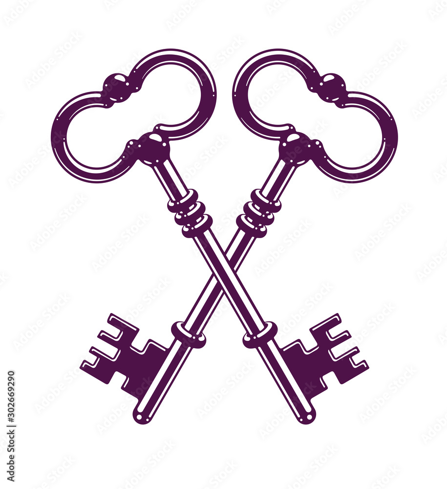 Crossed keys, vintage antique turnkeys vector logo or emblem, protected ...