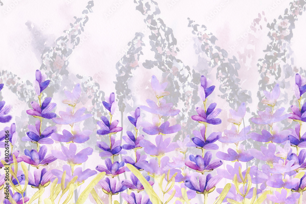 Seamless pattern border with sprigs of lavender flowers in the field on ...