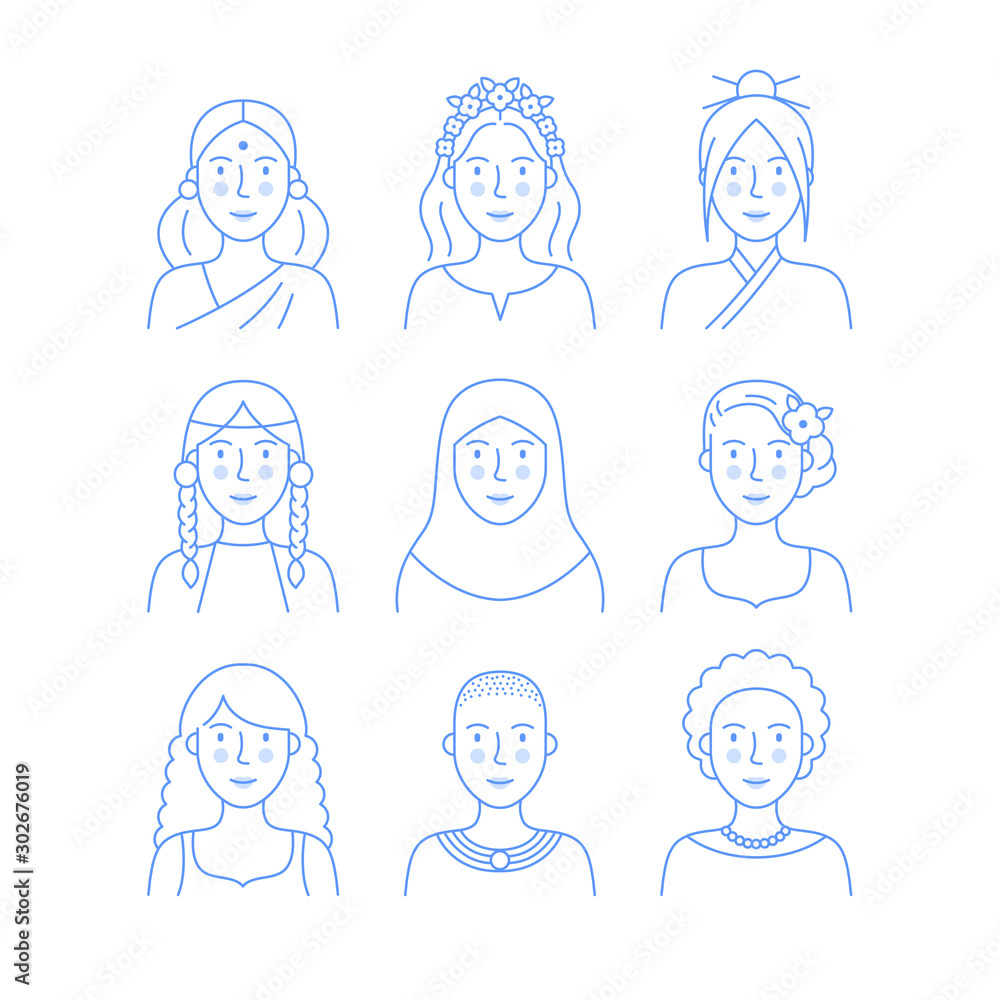 Female faces outline icons. Multiracial women characters vector. Set of ...