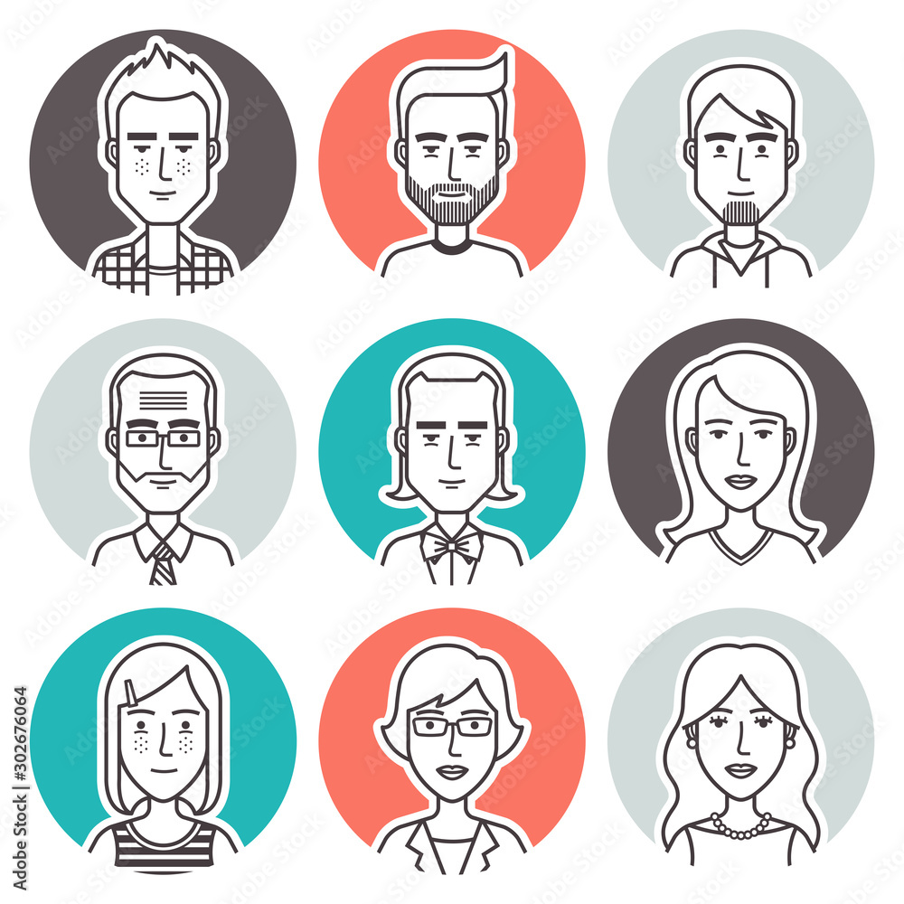 People outline vector set. Linear vector people avatar collection. Men ...