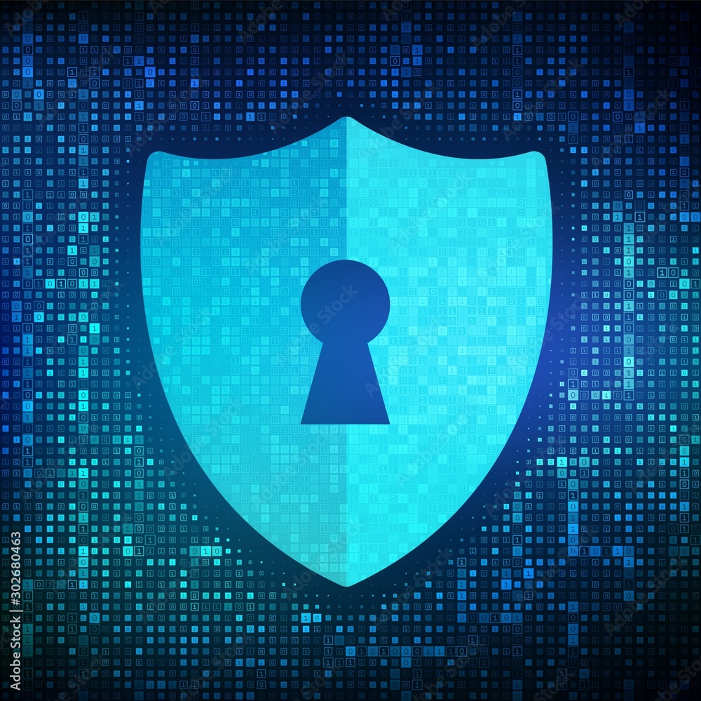Security shield. Cyber security. Shield With Keyhole icon made with binary code. Protect and ...