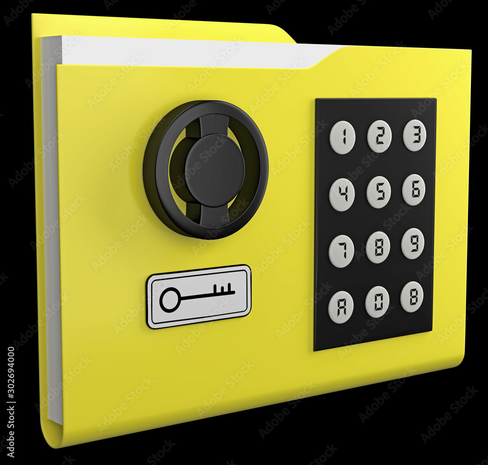 Yellow folder with documents, closed with code safe with black panel of ...
