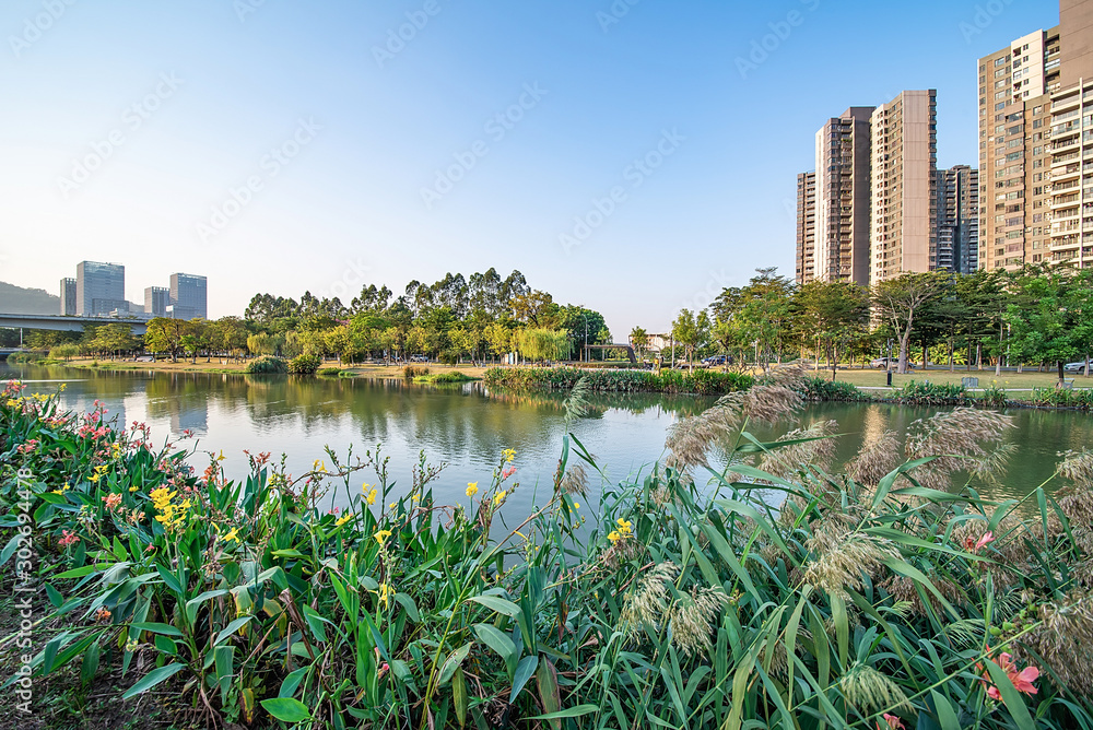 Beautiful riverside waterfront high-rise residential community ...