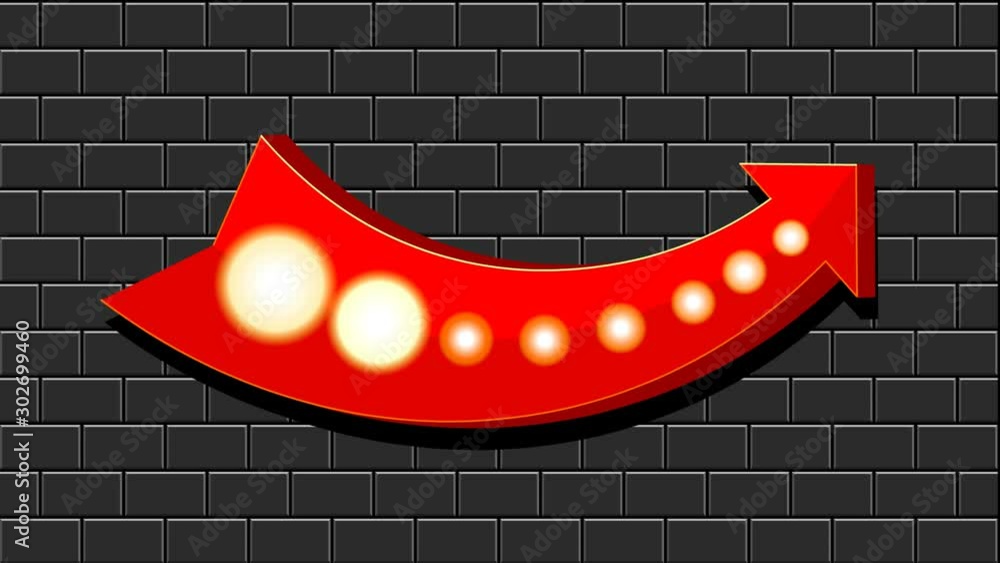 Animated 3D red curved illuminated arrow sign with looping light bulb ...