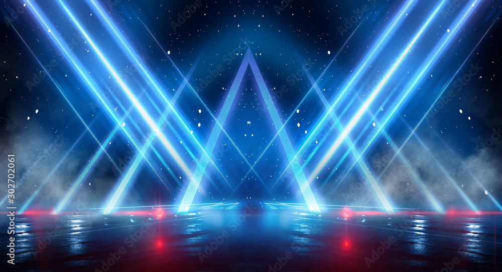 Empty show scene background. Reflection of a dark street on wet asphalt ...