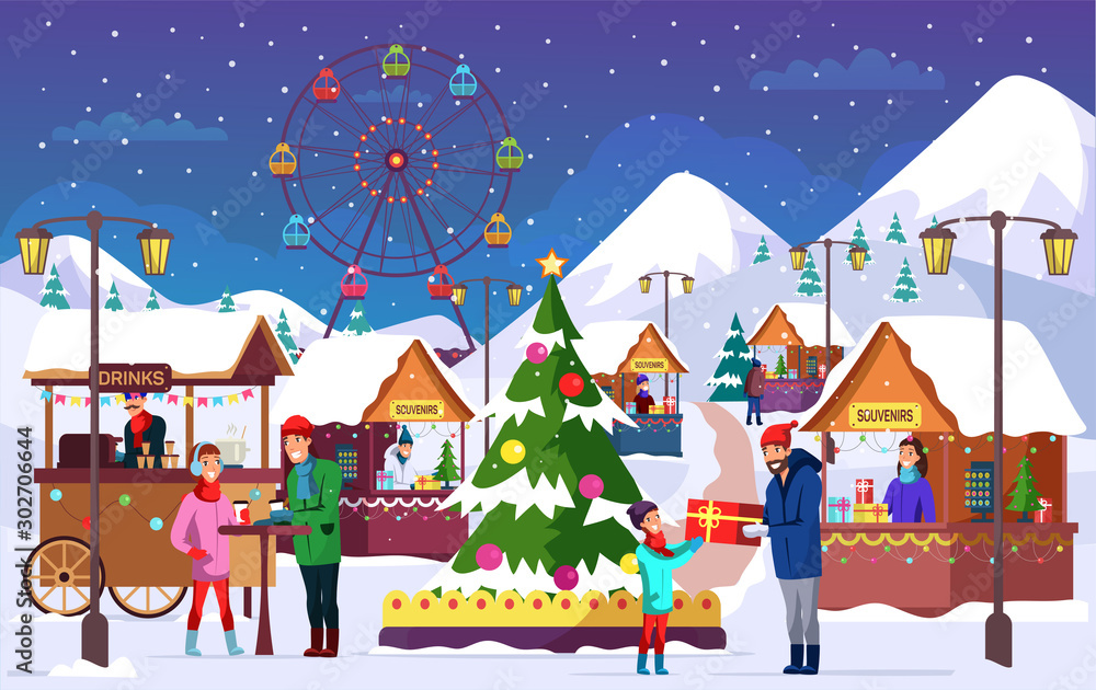 People at Christmas fair flat vector illustration. Outdoor ...