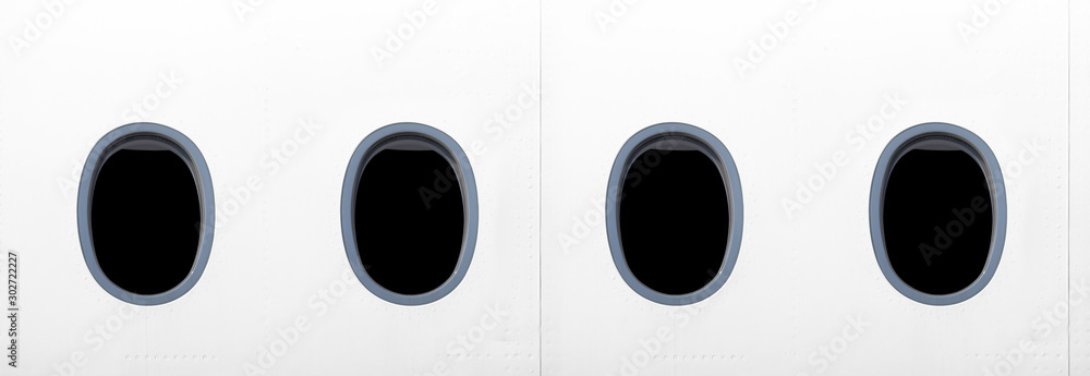 modern airplane window of passenger cabin isolated on white fuselage ...