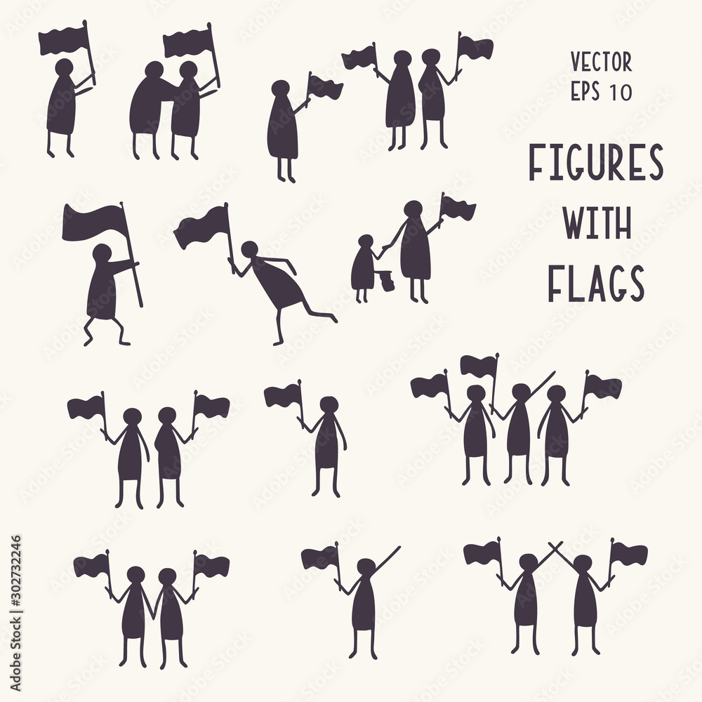 Stick Figure People Set with Waving Flag. Hand Drawn Isolated Human ...