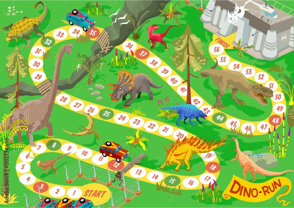 Board game with dinosaurs in escape adventure dino park landscape ...