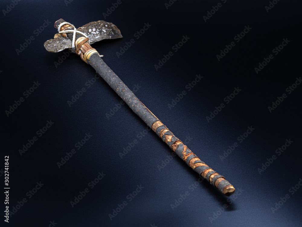 Replicas of the primal stone tools with wooden handles and leather ...