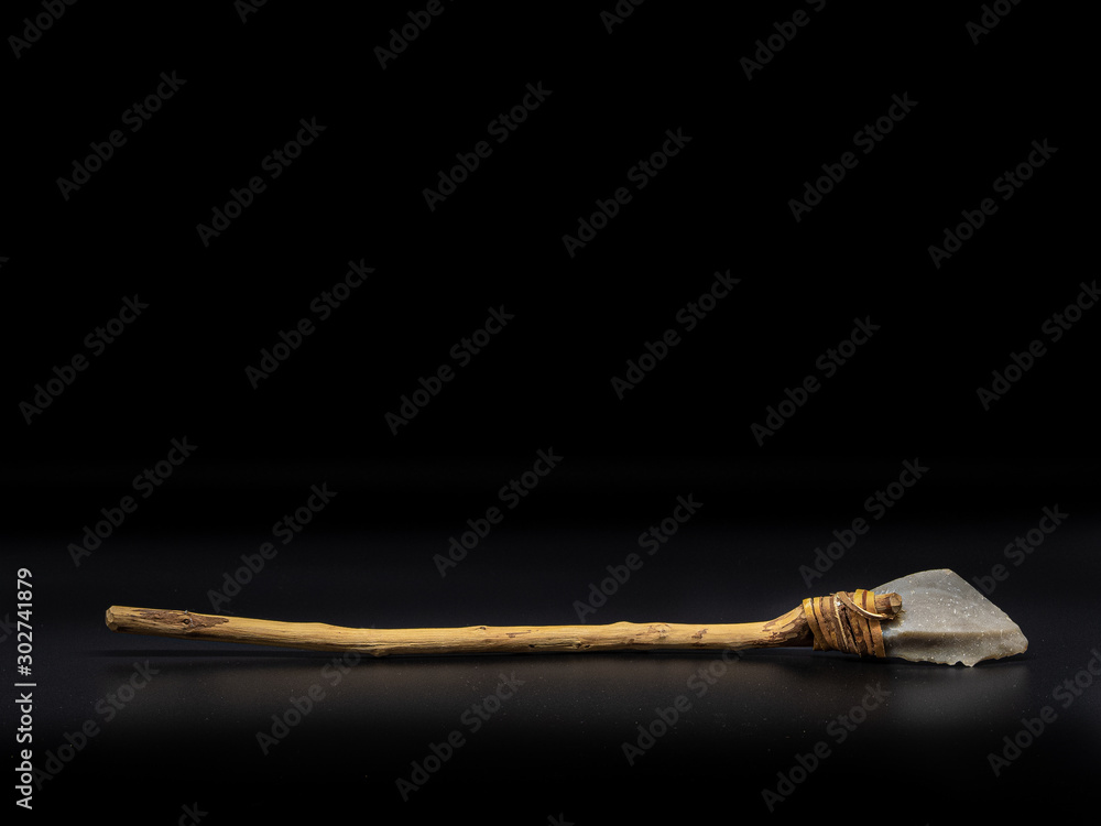 Replicas of the primal stone tool with wooden handles and leather ...