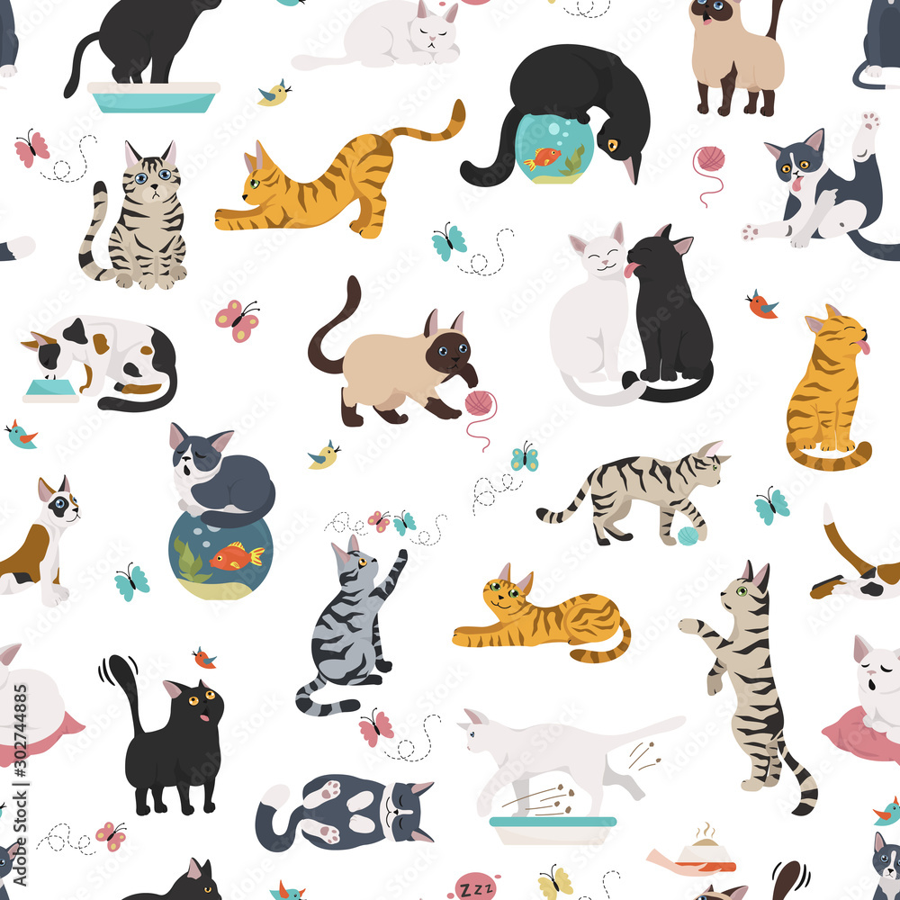 Cartoon cat characters seamless pattern. Different cat`s poses, yoga ...