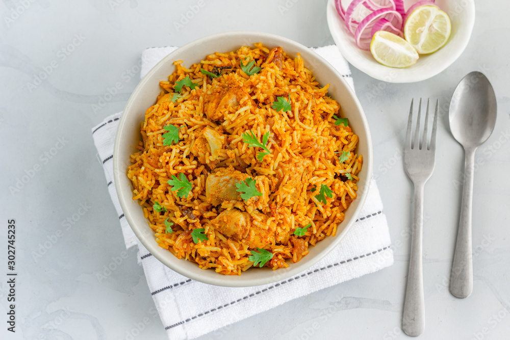 Indian Chicken Pulao, Chicken Fried Rice with Lemon and Onion, Top View ...