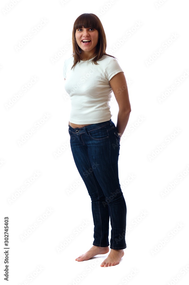 Portrait of standing cheerful caucasian woman on isolated white ...