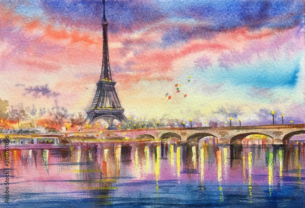 Watercolor Eiffel Tower in Paris France. Sunset in Paris. Landscape ...