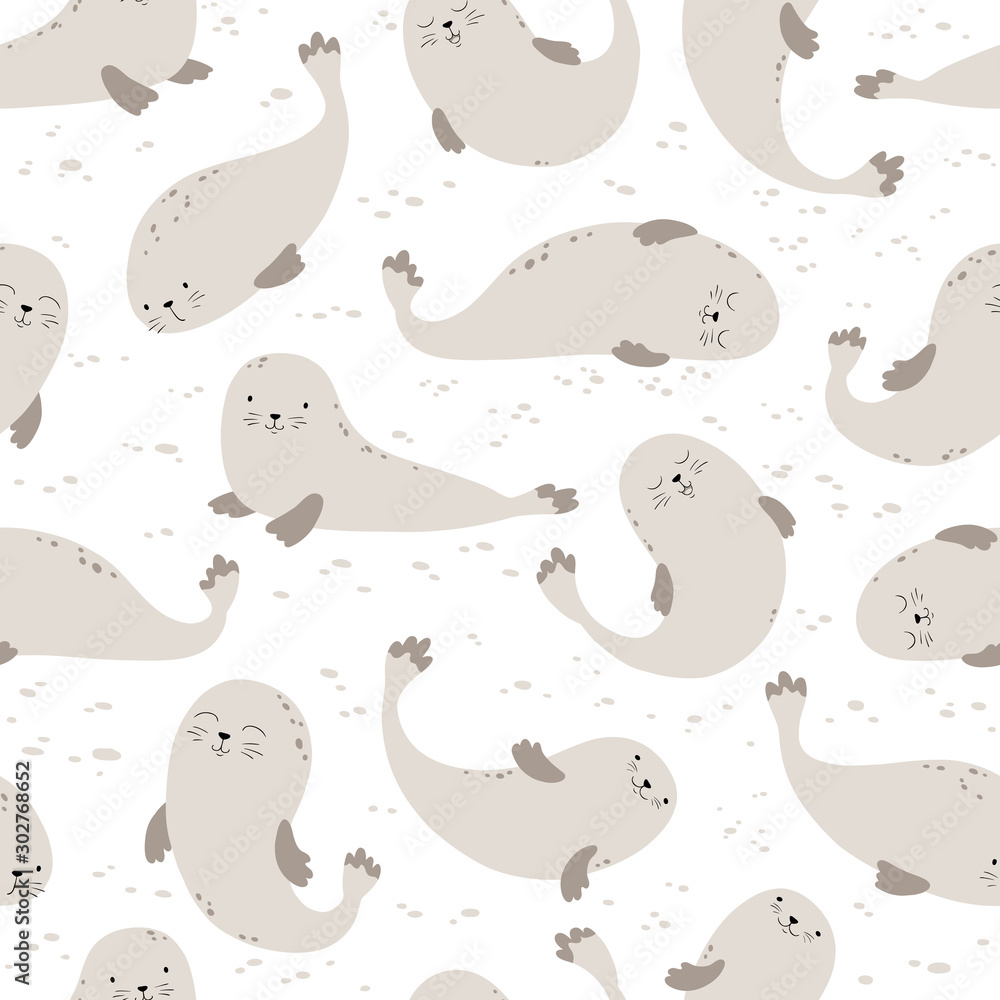 Fur seals seamless pattern. Vector cartoon illustration of a marine ...