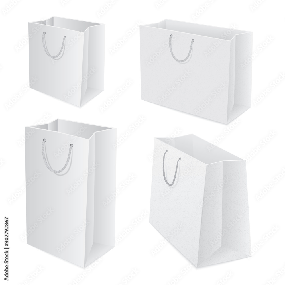 Shopping bag. Realistic white paper shopping bags vector illustrations ...