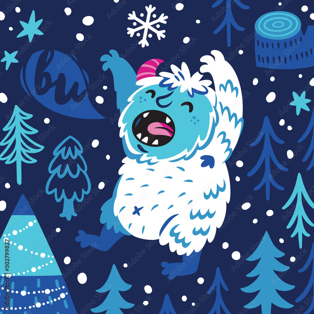 Cartoon bigfoot or yeti growls in the forest. Fantasy vector art Stock ...