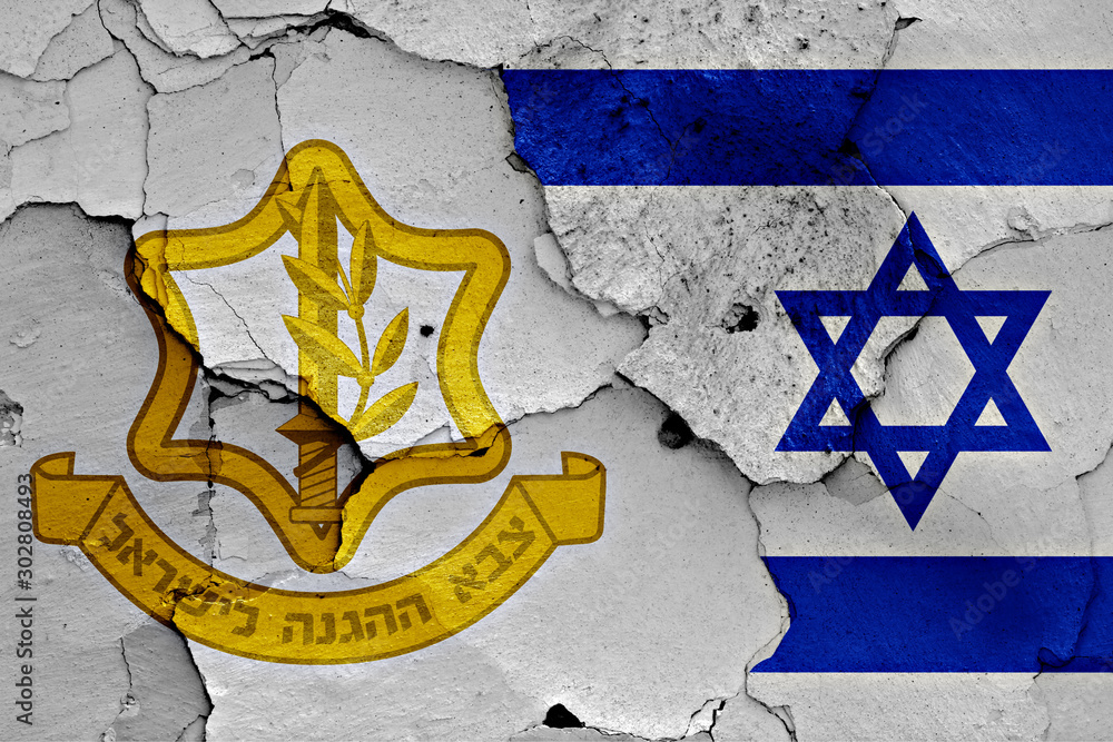 flags of Israel Defense Forces and Israel painted on cracked wall Stock ...