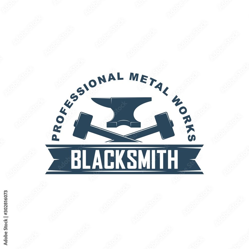 Color illustration of an anvil, crossed hammers and banner with text ...