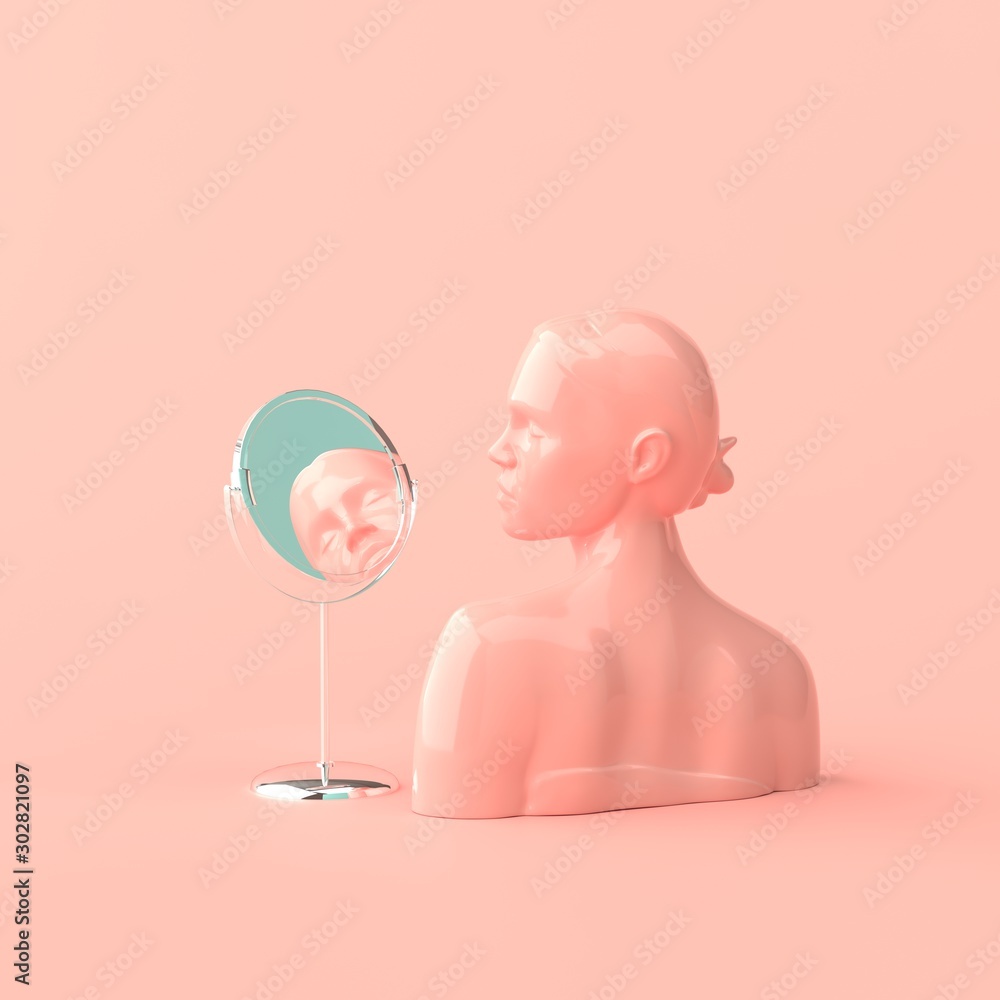 Fake. mirror minimal concept. Woman sculpture stand in front of the ...