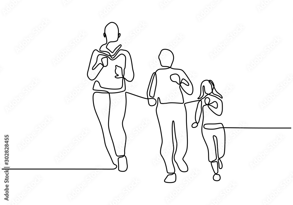 Continuous one line drawing of family doing exercise. People running ...