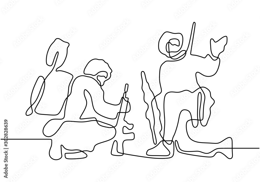 soldier people with uniform gun weapon. One continuous drawing line ...