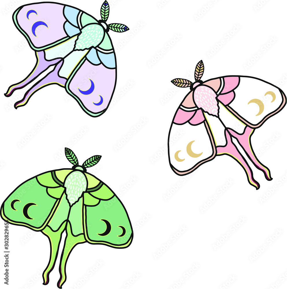 luna moth kawaii set crescent moon moth butterfly adorable doodles ...