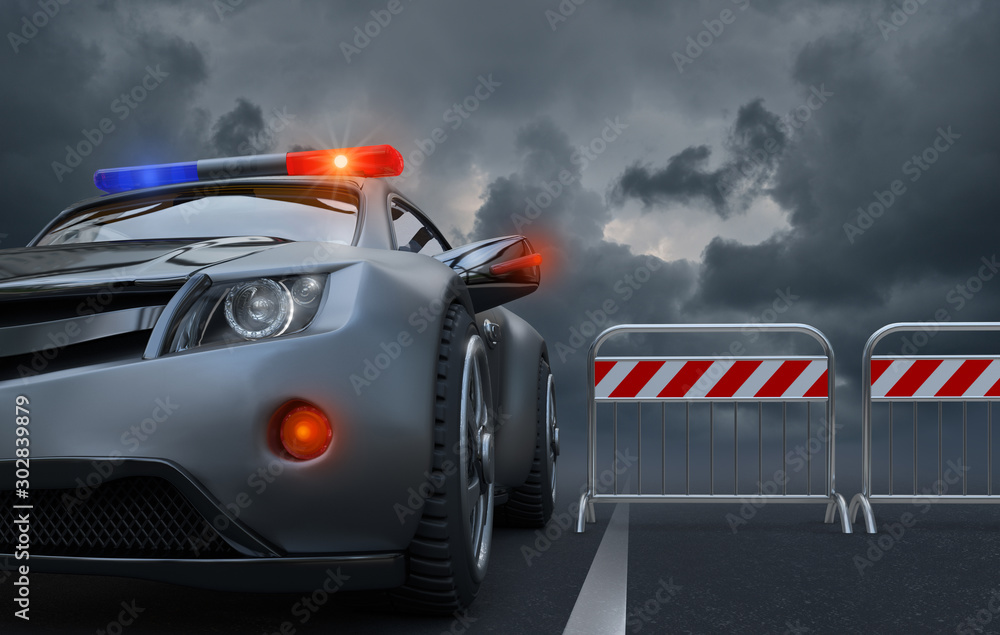Road blocked by barriers and a car with flashing lights turned on. 3D ...