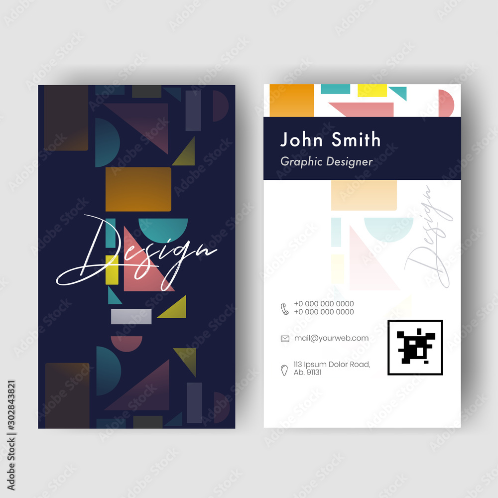 Front and back view of vertical business card design with geometric ...
