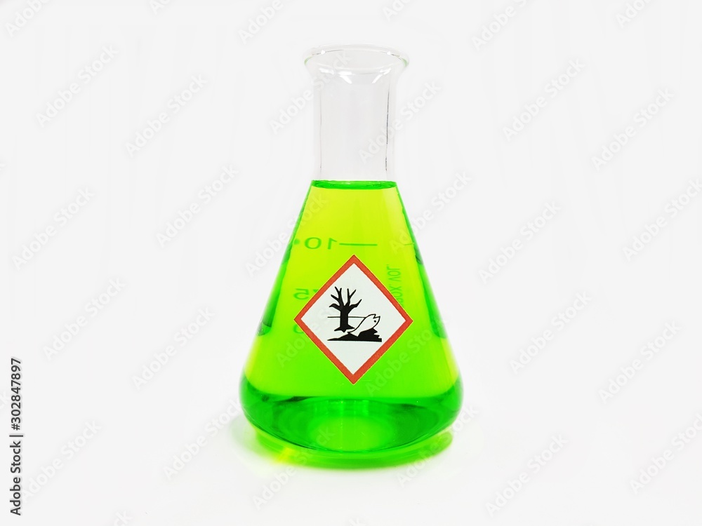 Erlenmeyer flask with Green liquid and chemical hazard warning symbols ...