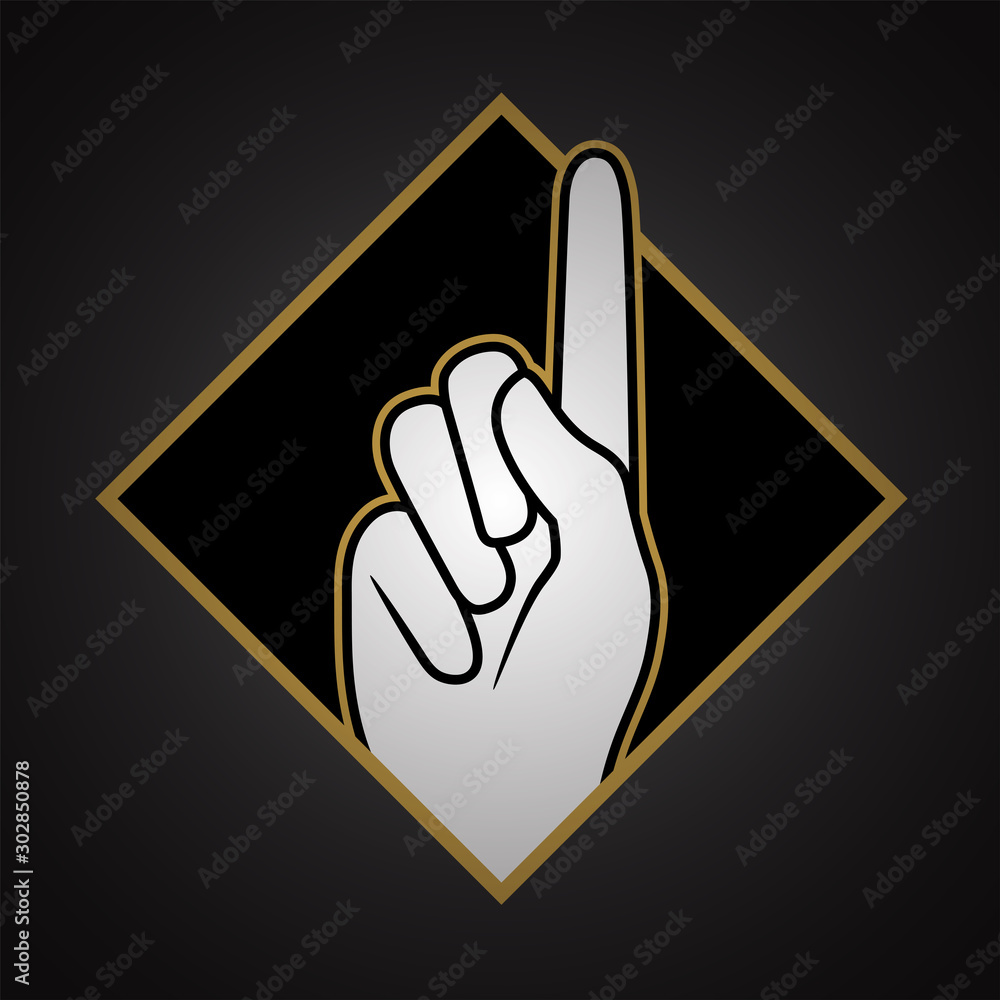 One finger pointing up hand sign in golden border on dark background ...
