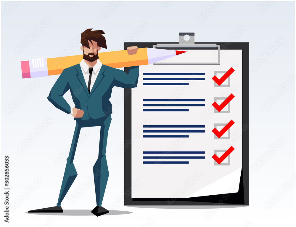 Positive business man with a giant pencil on his shoulder nearby marked ...