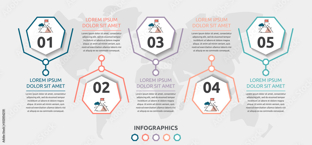 Vector flat infographic template. Line heptagon with text and icons for five diagrams, graph ...