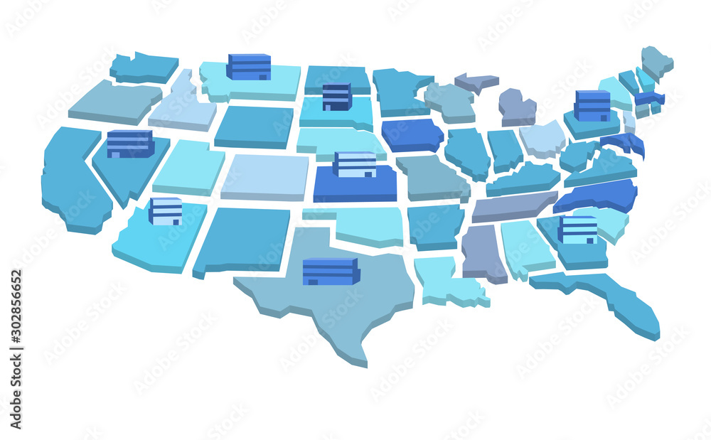 3d separated American states map with factories. Vector illustration ...