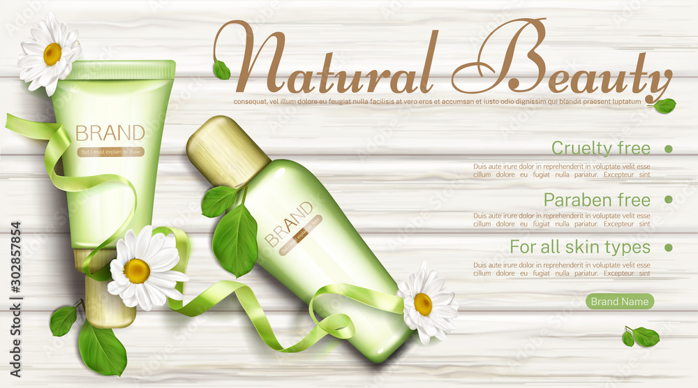 Natural cosmetics bottles with chamomile top view mock up banner ...