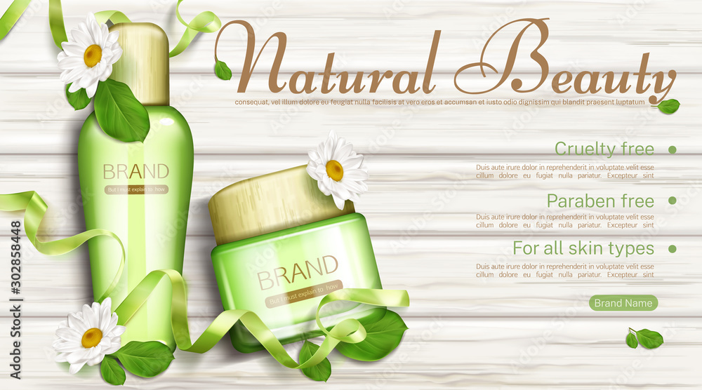 Natural cosmetics bottle and cream jar with chamomile and green leaves ...