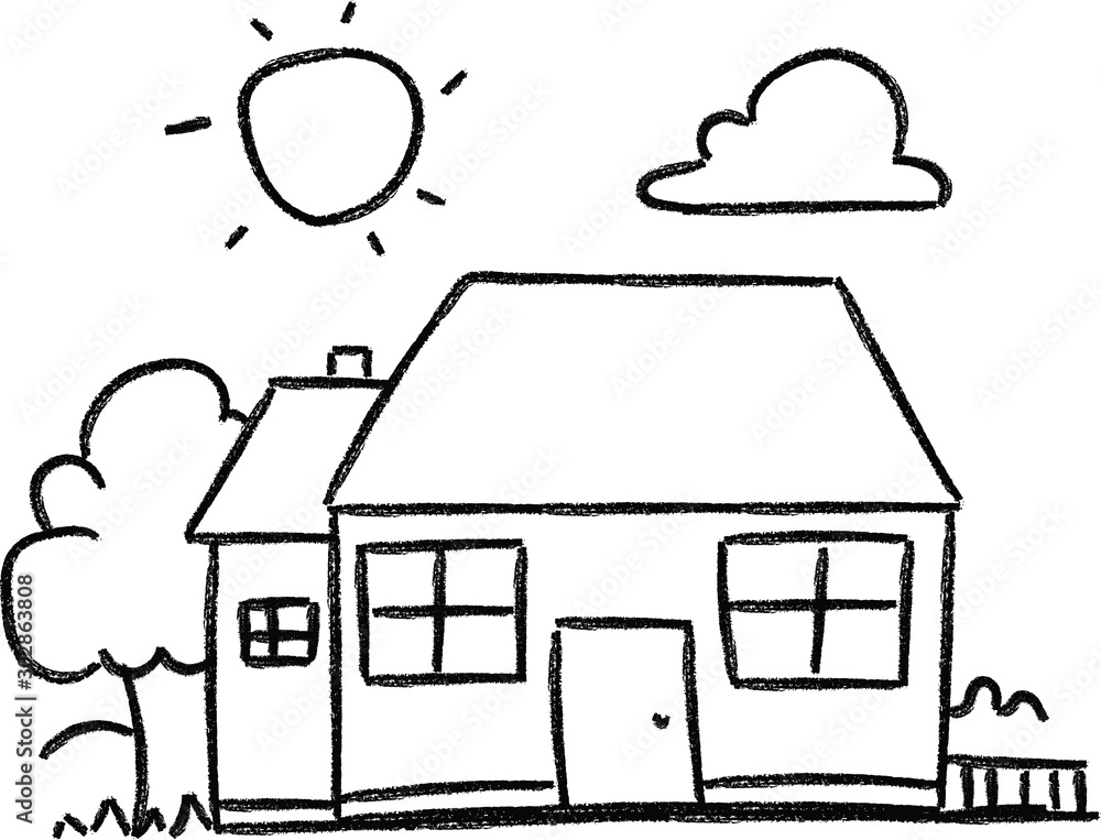 kids coloring house hand drawn crayon family house with a tree clouds ...