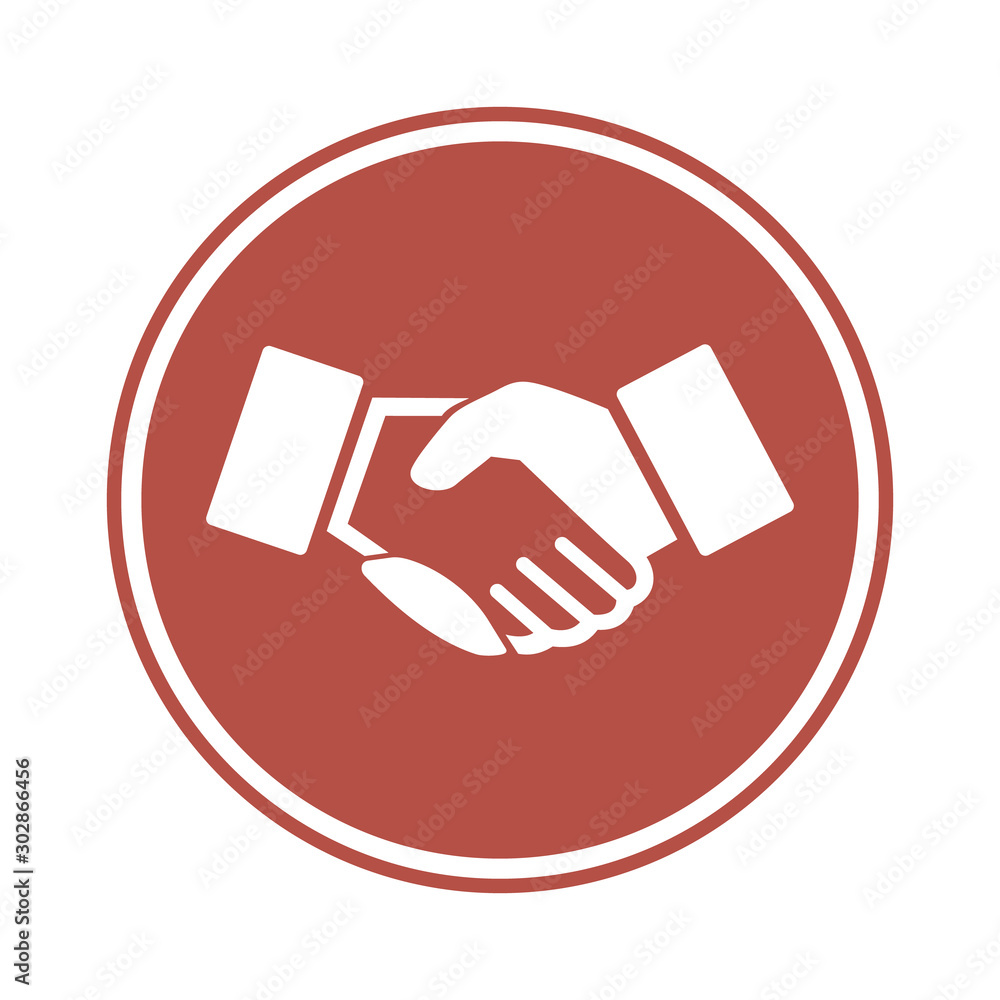 Hand shake, deal icon. Black outline drawing with orange color details ...