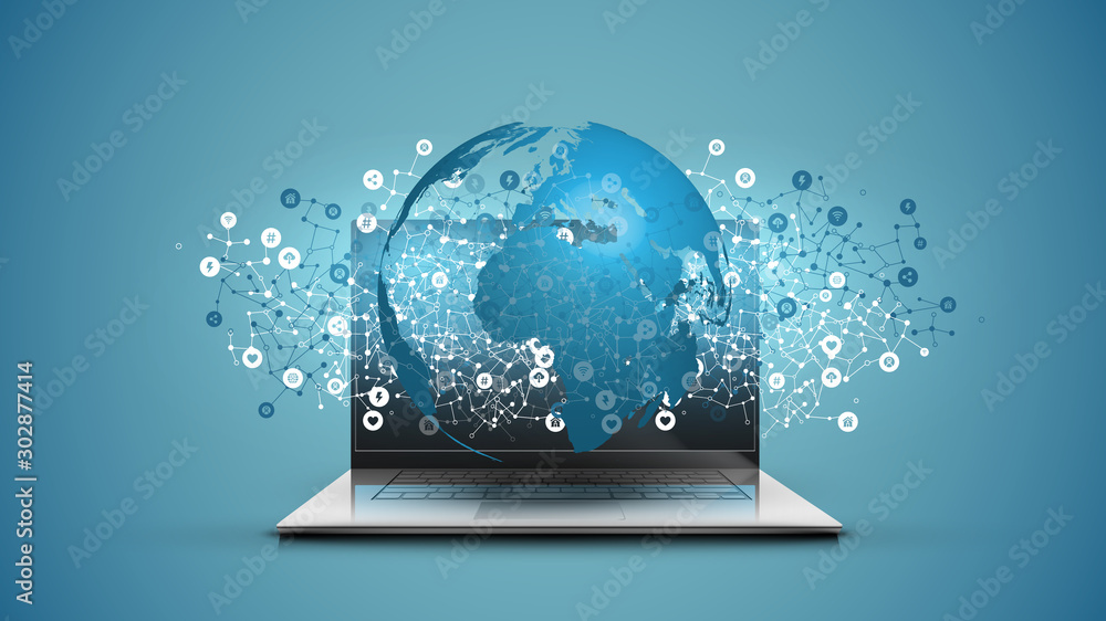 Realistic laptop with 3D world map with blue background, vector ...