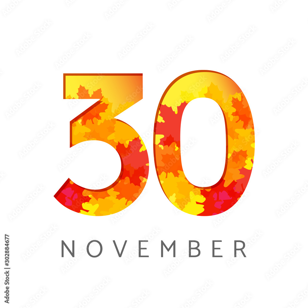 30 th of November calendar numbers. 30 years old autumn logotype ...