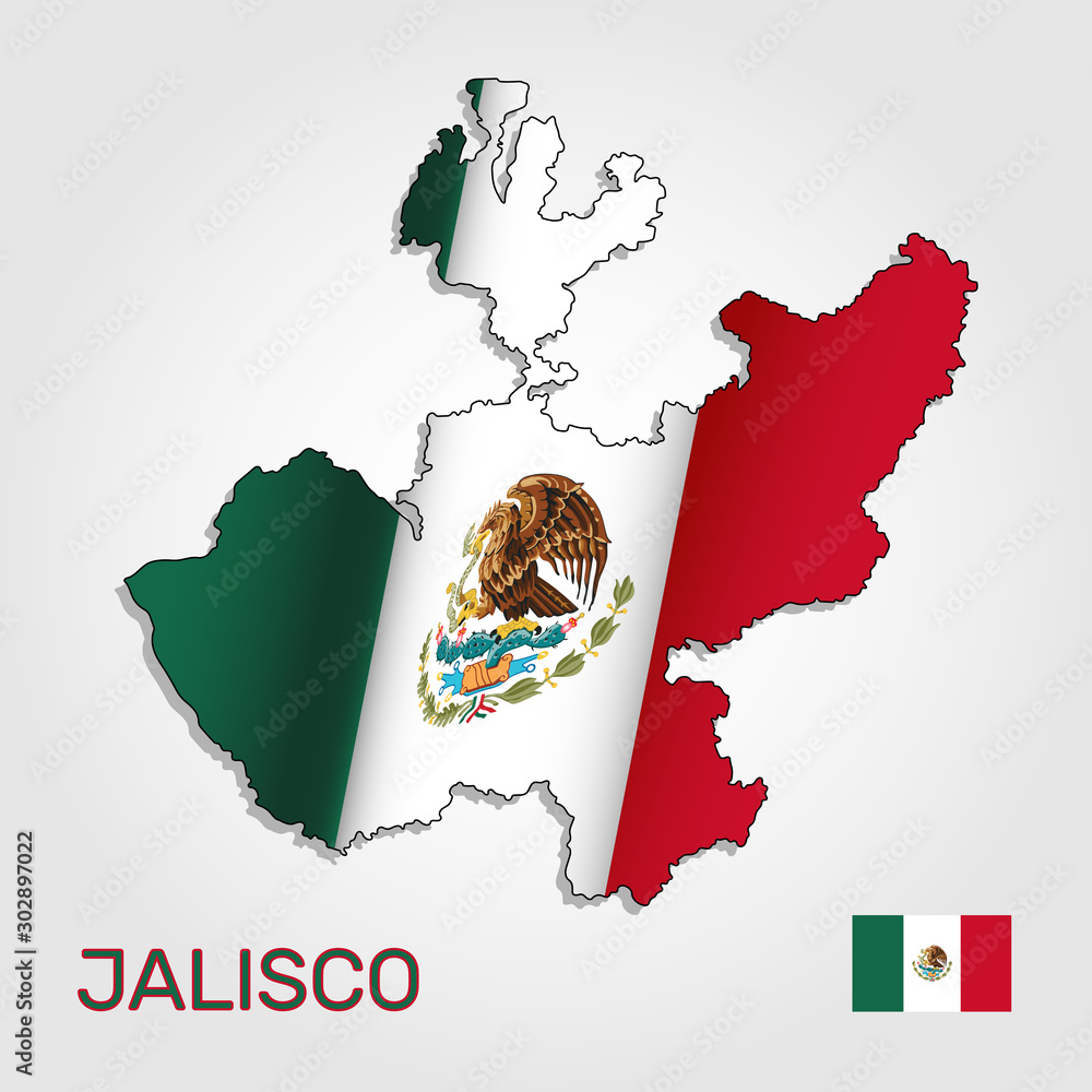 Vector map of Jalisco state combined with waving Mexican national flag. Jalisco silhouette or ...