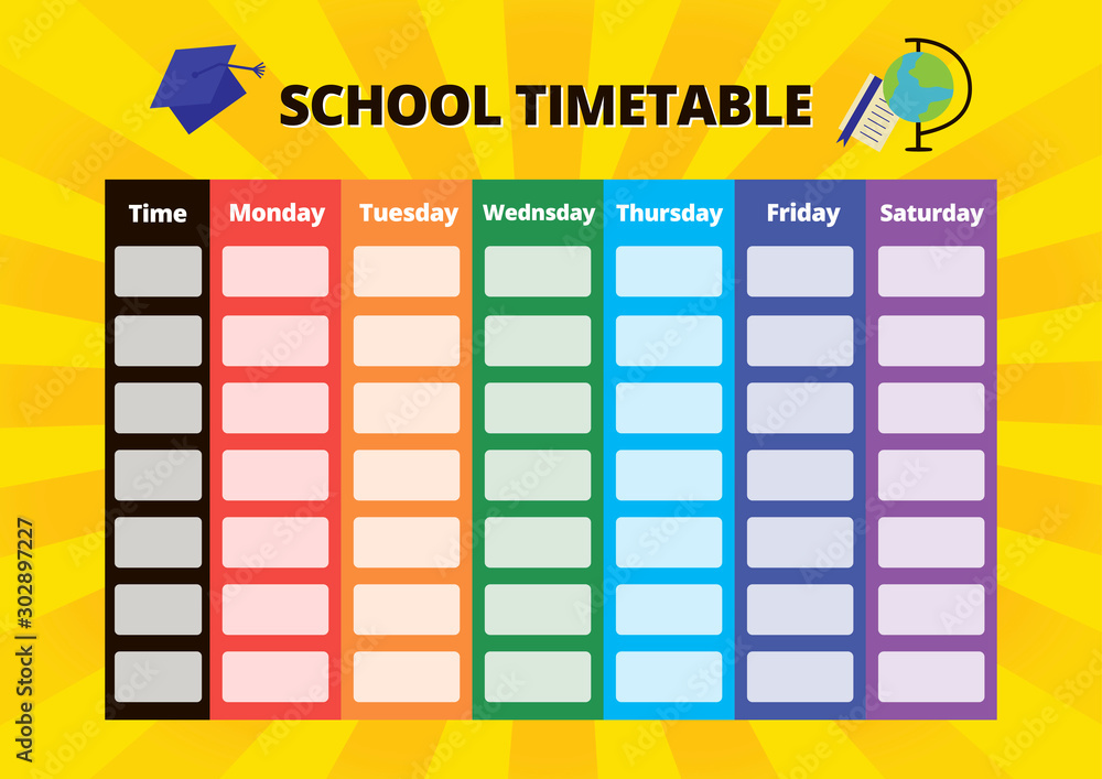 School timetable for six studying days. Everyday planner with bright ...