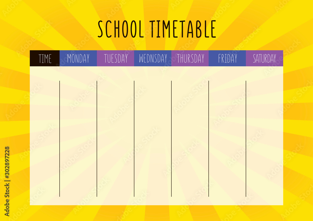 School timetable with bright yellow glowing background for six days ...